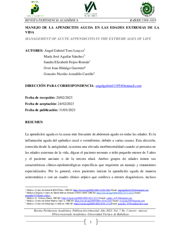 (PDF) Manejo De La Apendicitis Aguda en Las Edades Extremas De La Vida