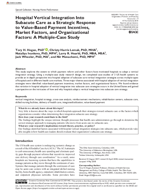 (PDF) Hospital Vertical Integration Into Subacute Care as a Strategic ...