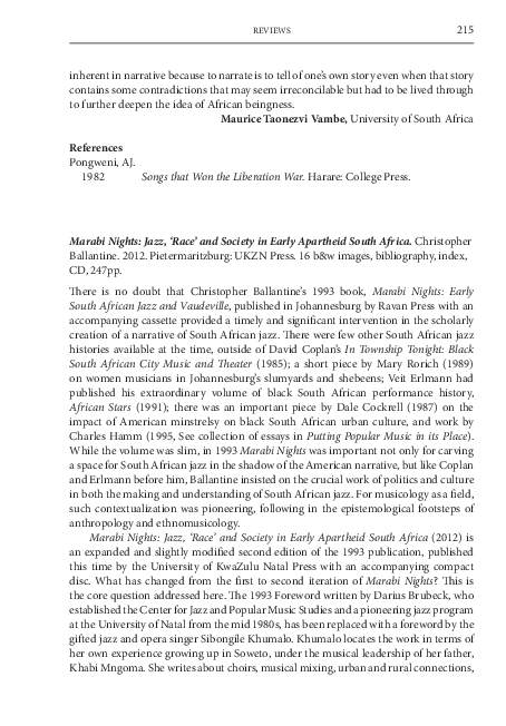 (PDF) Marabi Nights: Jazz, ‘Race’ and Society in Early Apartheid South ...