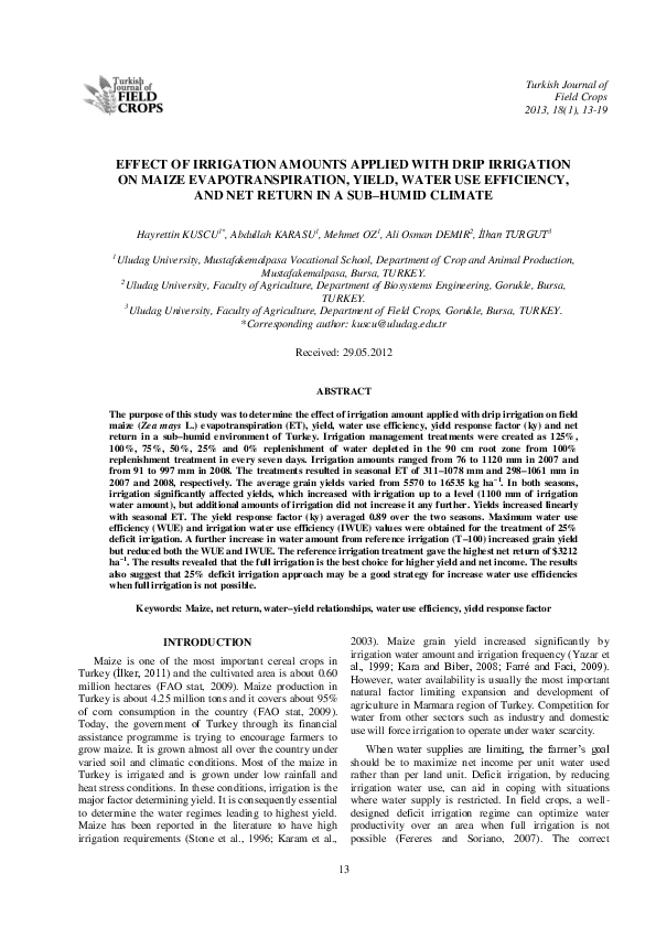 (PDF) Effect of Irrigation Amounts Applied with Drip Irrigation on Maize Evapotranspiration ...