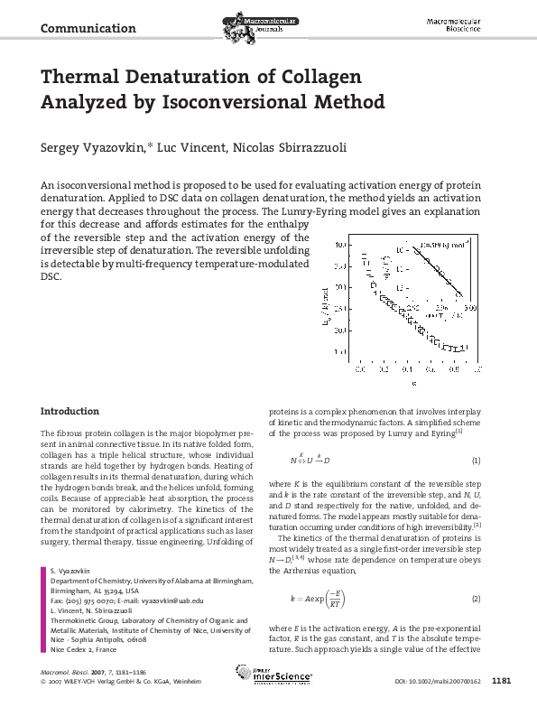 (PDF) Thermal Denaturation of Collagen Analyzed by Isoconversional Method