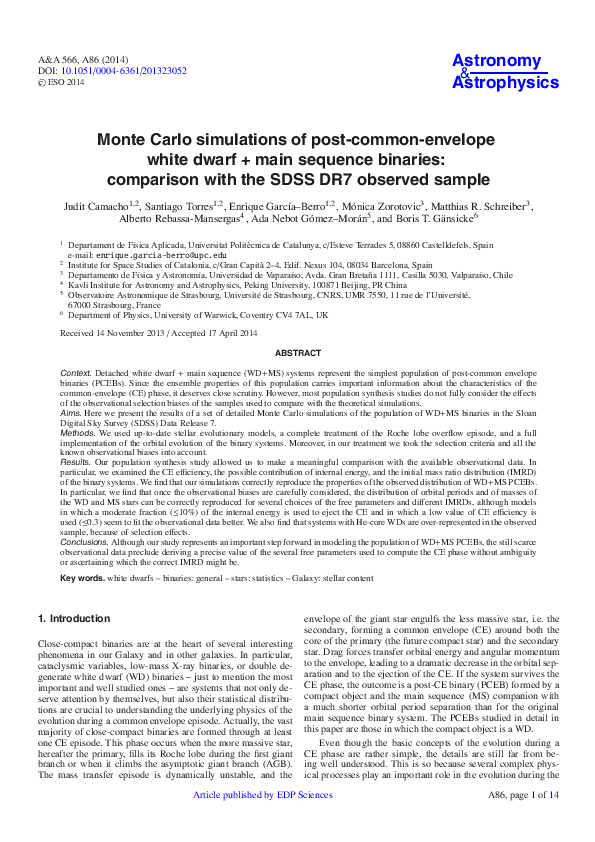 (PDF) Monte Carlo simulations of post-common-envelope white dwarf ...