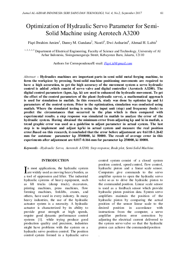(PDF) Optimization of Hydraulic Servo Parameter for Semi-Solid Machine using Aerotech A3200