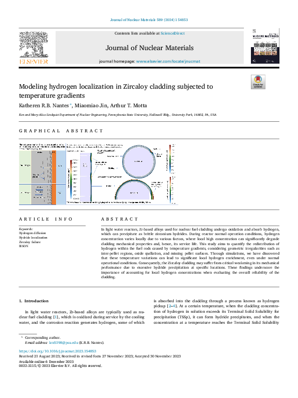 (PDF) Modeling hydrogen localization in Zircaloy cladding subjected to ...