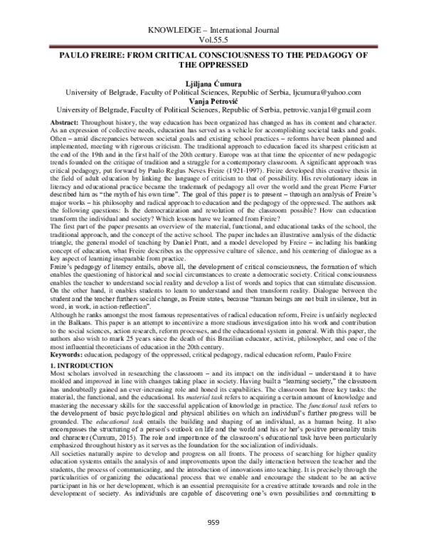 (PDF) Paulo Freire: From Critical Consciousness to the Pedagogy of the ...