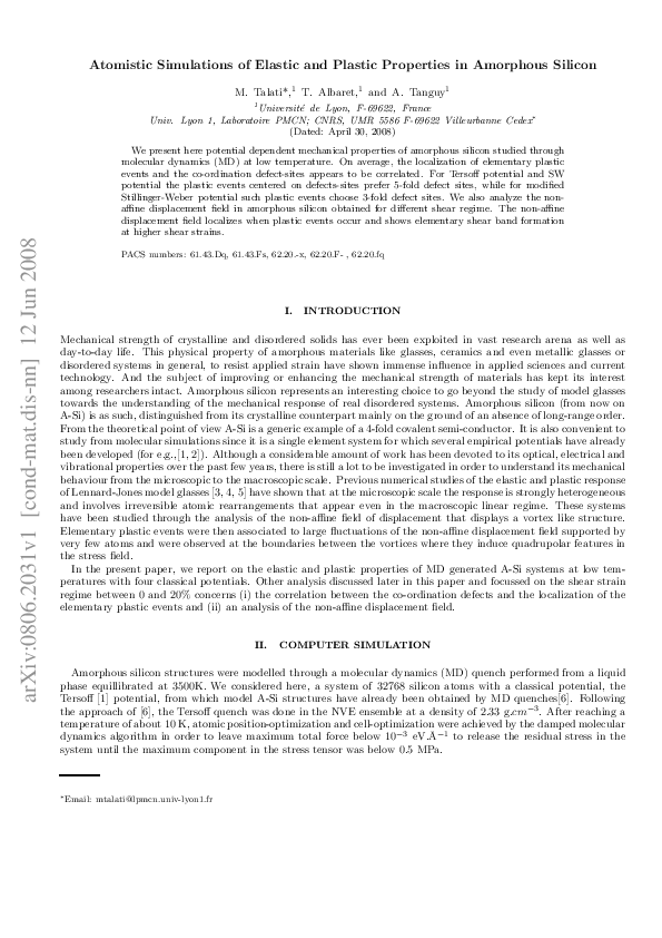 (PDF) Atomistic simulations of elastic and plastic properties in amorphous silicon