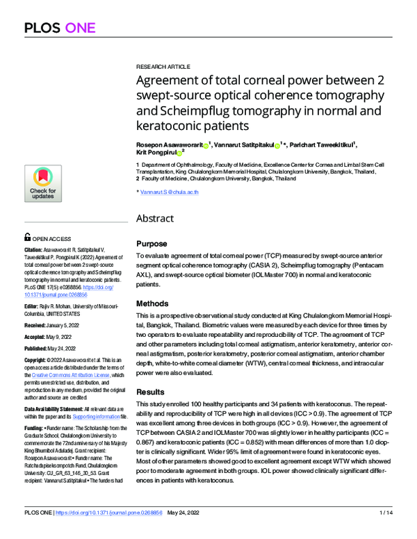 (PDF) Agreement of total corneal power between 2 swept-source optical ...
