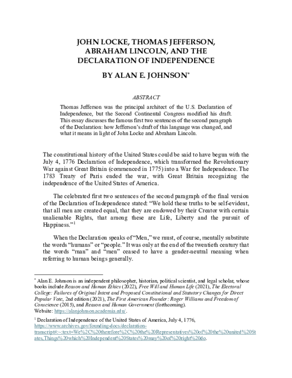 (PDF) John Locke, Thomas Jefferson, Abraham Lincoln, and the ...