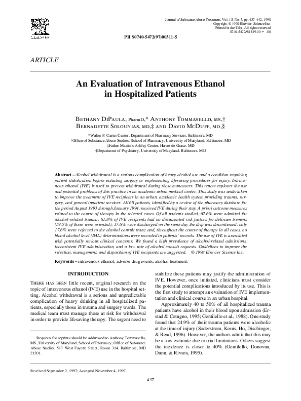 (PDF) An Evaluation of Intravenous Ethanol in Hospitalized Patients