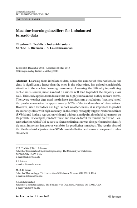 (PDF) Machine-learning classifiers for imbalanced tornado data