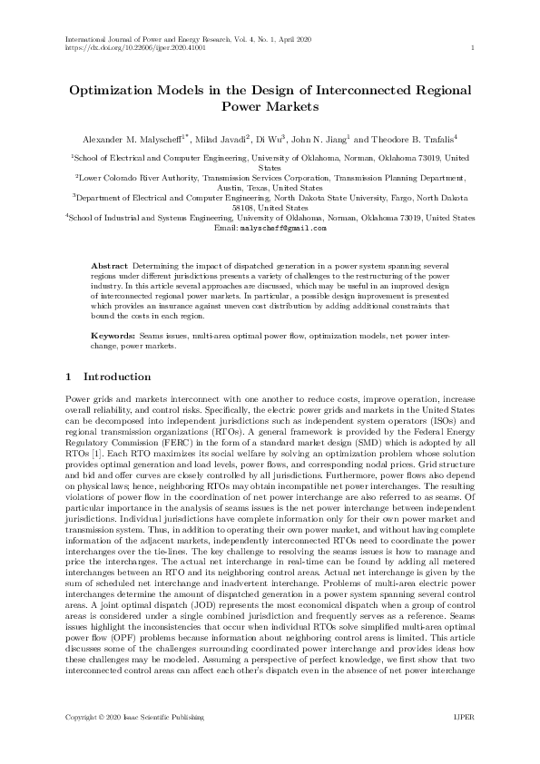 (PDF) Optimization Models in the Design of Interconnected Regional Power Markets | Theodore ...