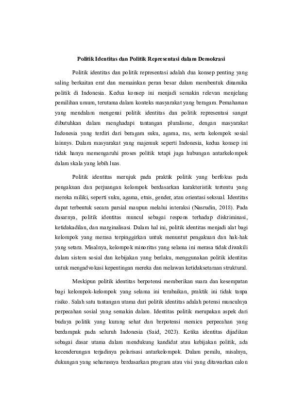 (PDF) Politik Identitas dan Politik Representasi dalam Demokrasi