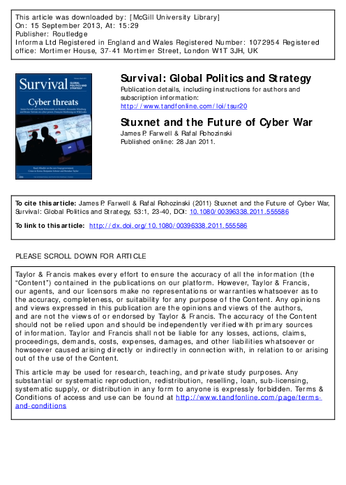 (PDF) Stuxnet and the Future of Cyber War