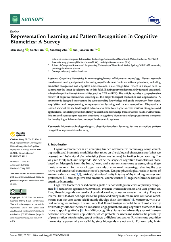 (PDF) Representation Learning and Pattern Recognition in Cognitive Biometrics: A Survey
