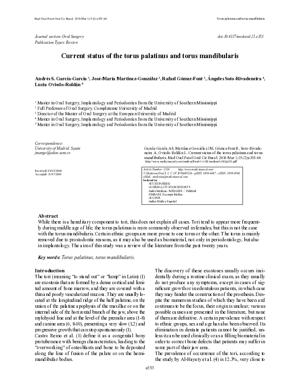 (PDF) Current status of the torus palatinus and torus mandibularis