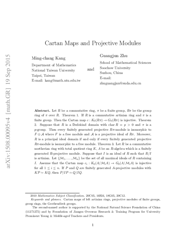 (PDF) Cartan maps and projective modules | Guangjun Zhu - Academia.edu
