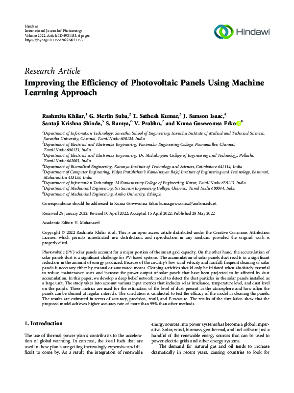 Improving The Efficiency Of Photovoltaic Panels Using Machine Learning Approach