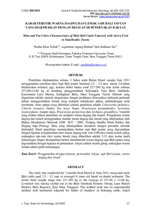 (PDF) Meat and Fat Colors Characteristics of Male Bali Cattle Fattened ...