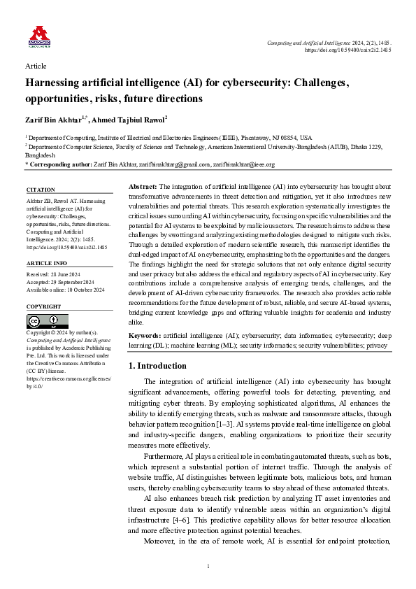 (PDF) Harnessing Artificial Intelligence (AI) for Cybersecurity: Challenges, Opportunities ...