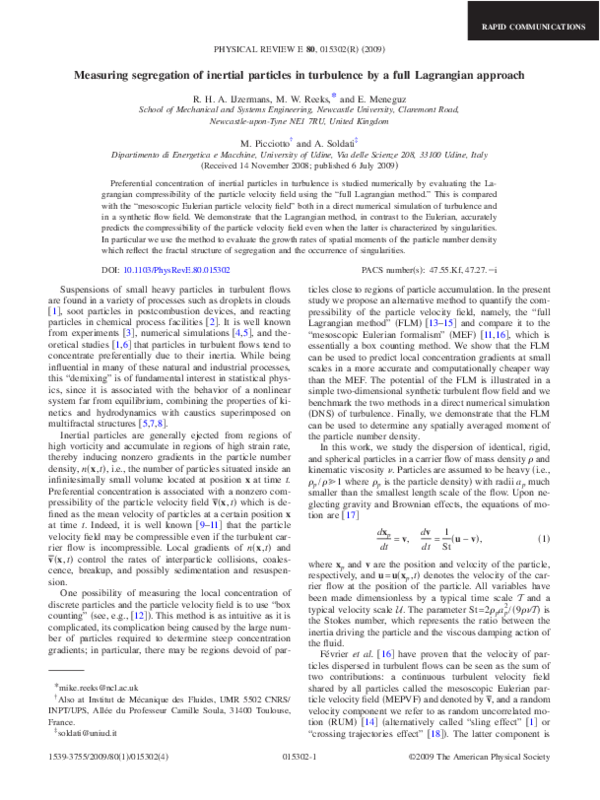 (PDF) Measuring segregation of inertial particles in turbulence by a full Lagrangian approach