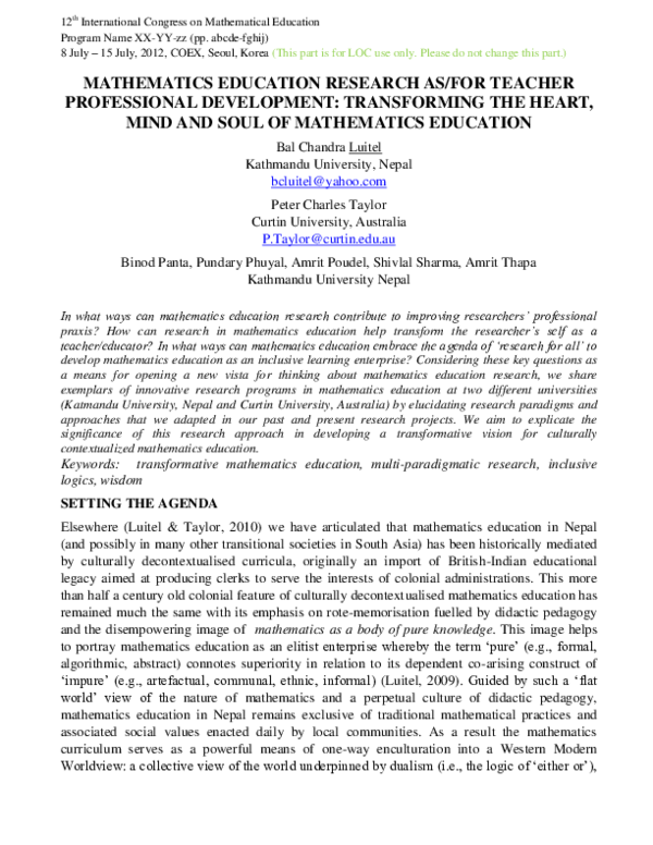 (PDF) Mathematics Education Research As/For Teacher Professional ...