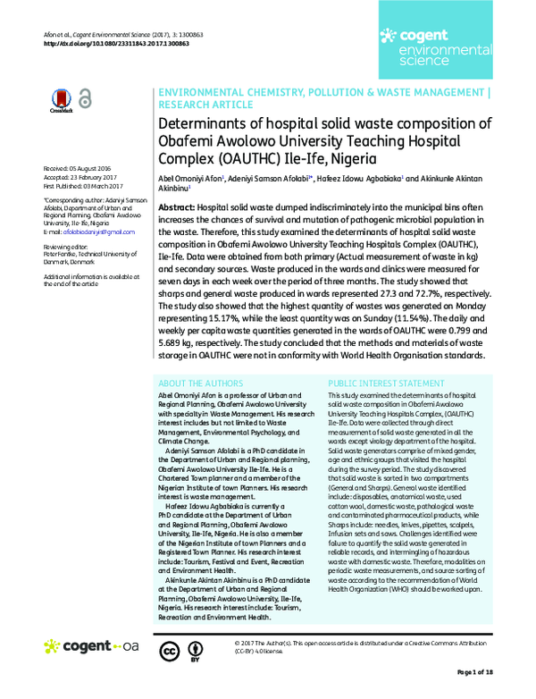 (PDF) Determinants of hospital solid waste composition of Obafemi ...