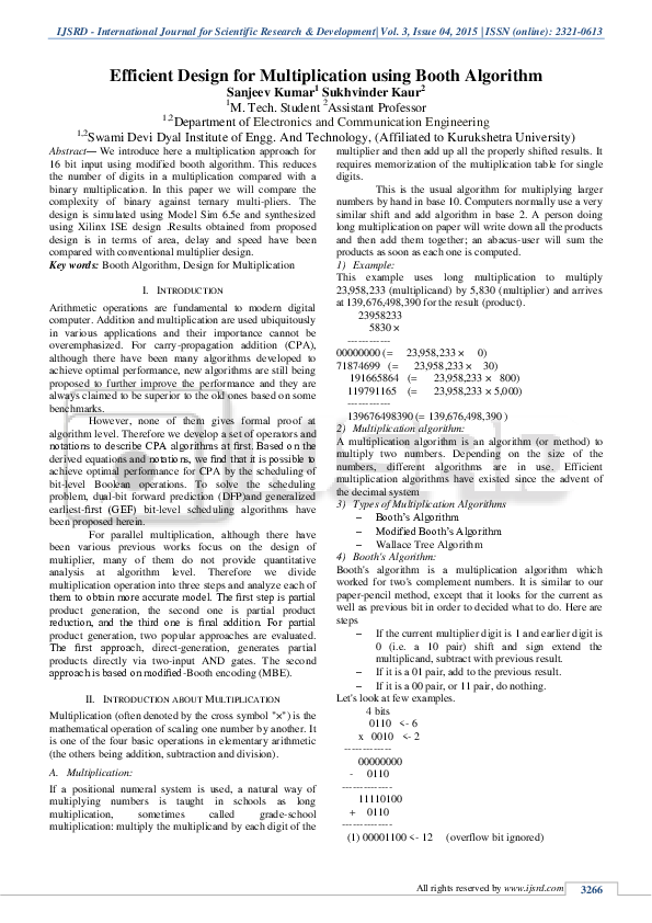 Pdf Efficient Design For Multiplication Using Booth Algorithm