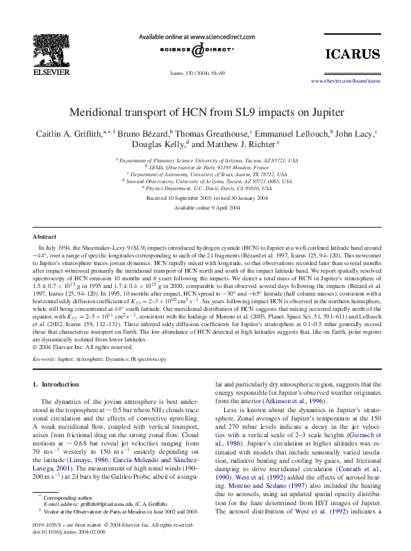 (PDF) Meridional transport of HCN from SL9 impacts on Jupiter