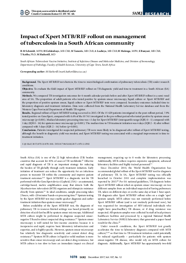 (PDF) Impact of Xpert MTB/RIF rollout on management of tuberculosis in ...