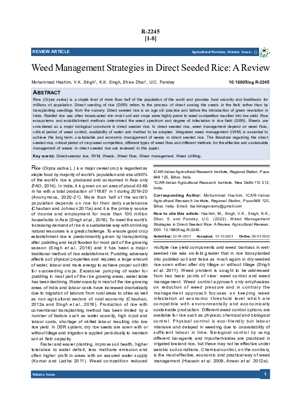 (PDF) Weed Management Strategies in Direct Seeded Rice: A Review