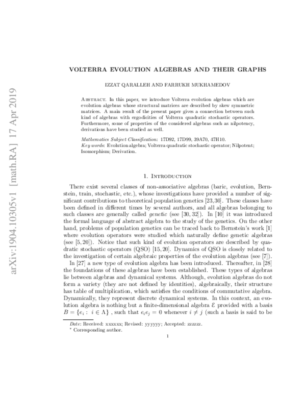 (PDF) Volterra Evolution Algebras and Their Graphs