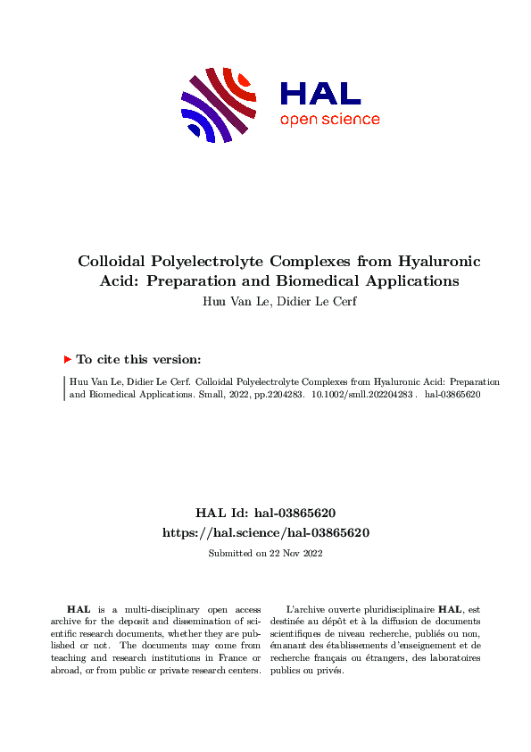(PDF) Colloidal Polyelectrolyte Complexes from Hyaluronic Acid ...