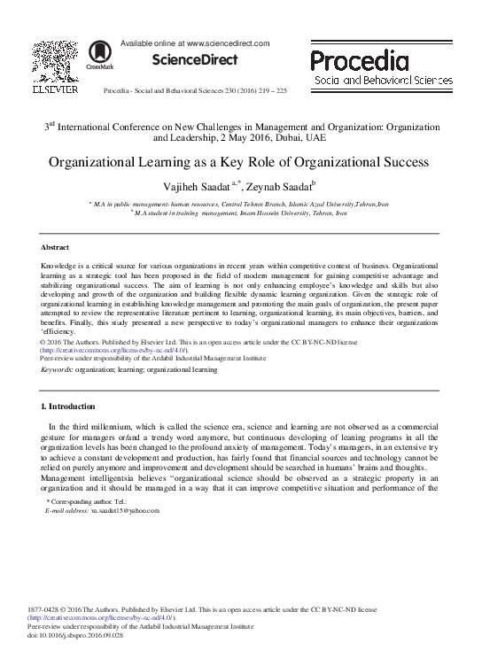 (PDF) Organizational Learning as a Key Role of Organizational Success