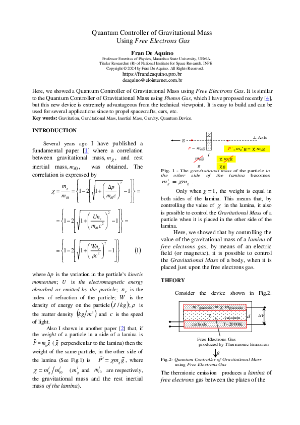 (PDF) Quantum Controller of Gravitational Mass Using Free Electrons Gas