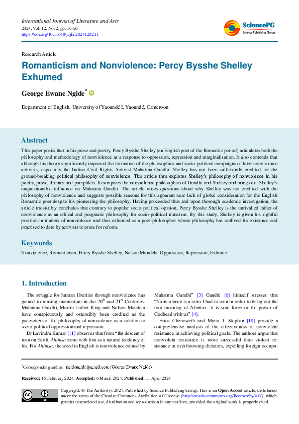 (PDF) Romanticism and Nonviolence: Percy Bysshe Shelley Exhumed
