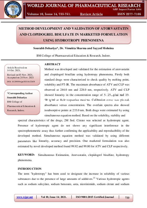 (PDF) METHOD DEVELOPMENT AND VALIDATION OF ATORVASTATIN AND CLOPIDOGREL BISULFATE IN MARKETED ...