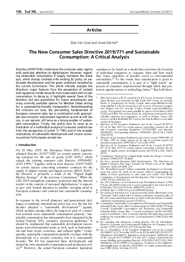 (PDF) The New Consumer Sales Directive 2019/771 and Sustainable ...