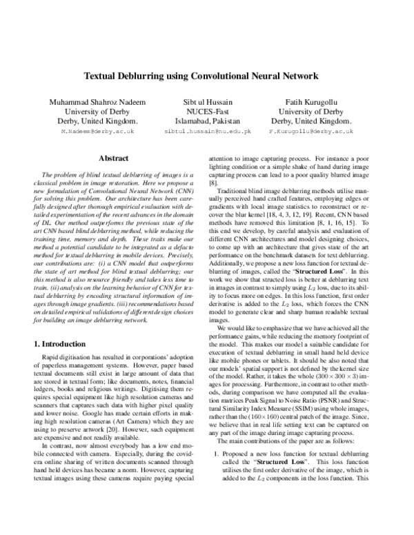 (PDF) Textual Deblurring using Convolutional Neural Network
