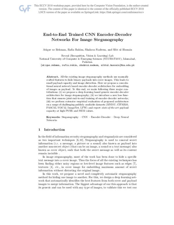 Pdf End To End Trained Cnn Encoder Decoder Networks For Image Steganography