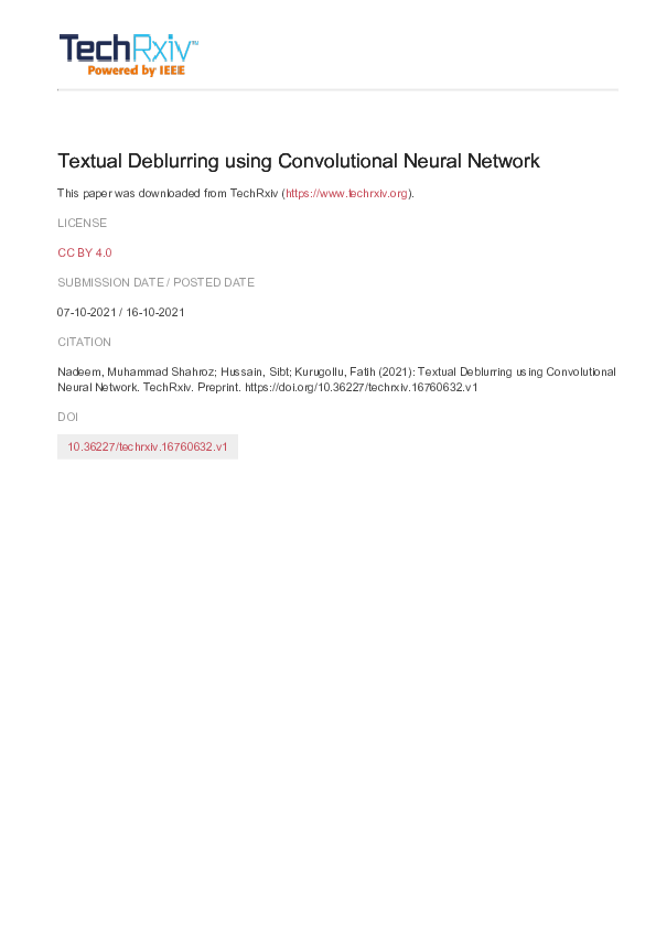 (PDF) Textual Deblurring using Convolutional Neural Network