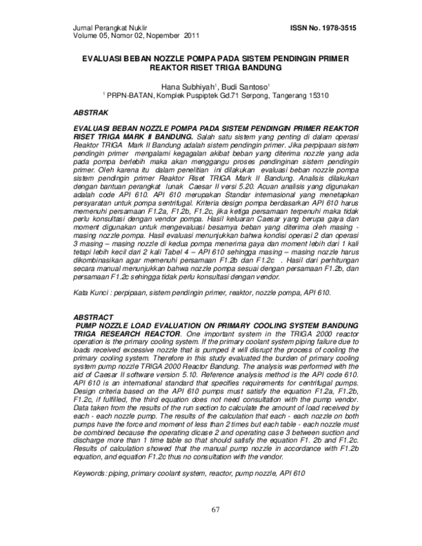 (PDF) Evaluasi Beban Nozzle Pompa Pada Sistem Pendingin Primer Reaktor Riset Triga Bandung