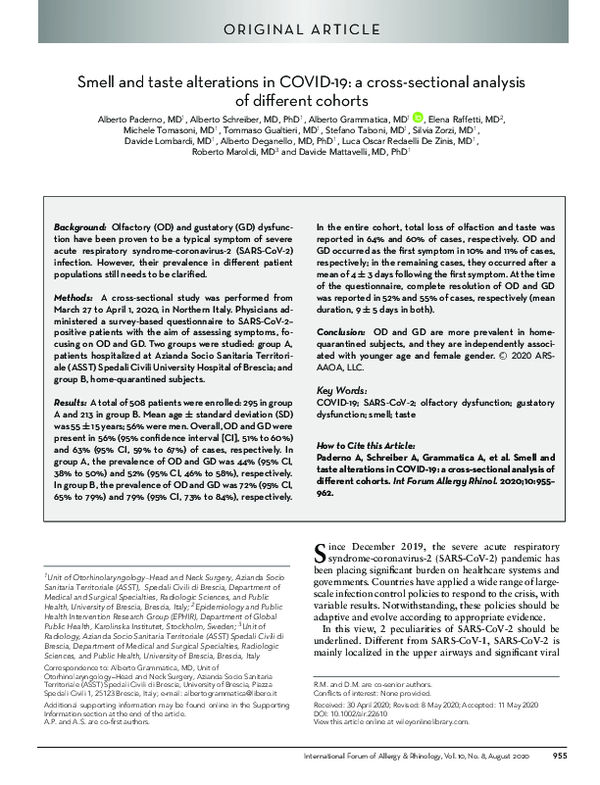 (PDF) Smell and taste alterations in COVID‐19: a cross‐sectional ...