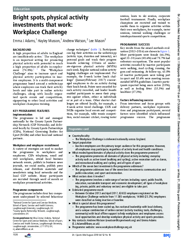 (PDF) Bright spots, physical activity investments that work: Workplace ...