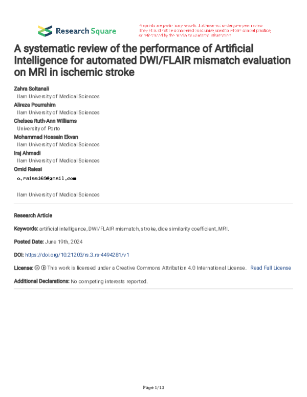 (PDF) A systematic review of the performance of Artificial Intelligence for automated DWI/FLAIR ...