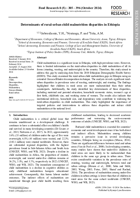 (PDF) Determinants of rural‑urban child malnutrition disparities in Ethiopia