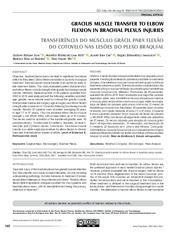(PDF) Gracilis Muscle Transfer to Elbow Flexion in Brachial Plexus ...