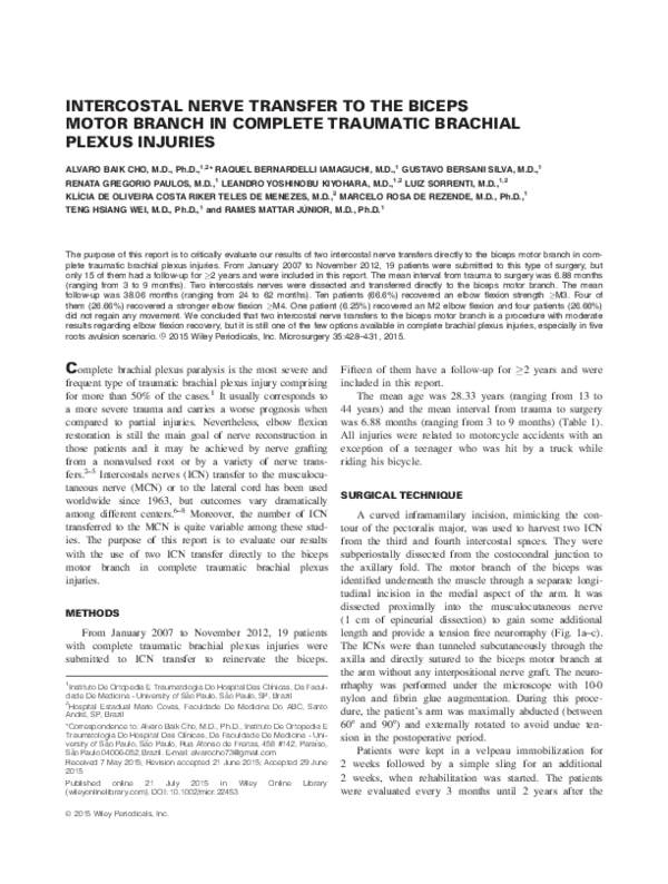(PDF) Intercostal nerve transfer to the biceps motor branch in complete ...