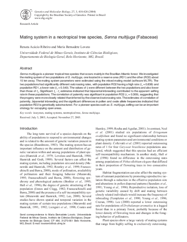 (PDF) Mating system in a neotropical tree species, Senna multijuga ...