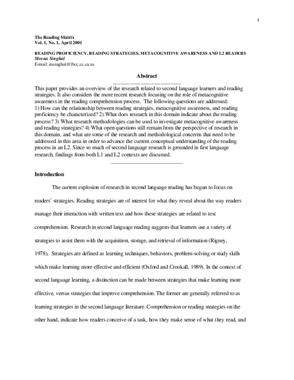 (PDF) Reading Proficiency, Reading Strategies, Metacognitive Awareness and L2 Readers