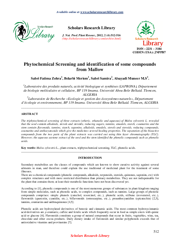 (PDF) Phytochemical Screening and Identification of Some Compounds from Mallow